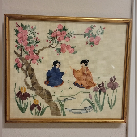 Craft kit | Art | Vintage Asian Cross Stitch Fabric In Frame | Poshmark